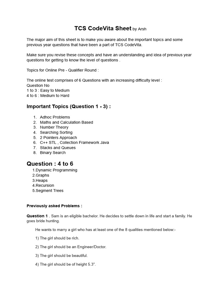 TCS CodeVita Sheet by Arsh | PDF