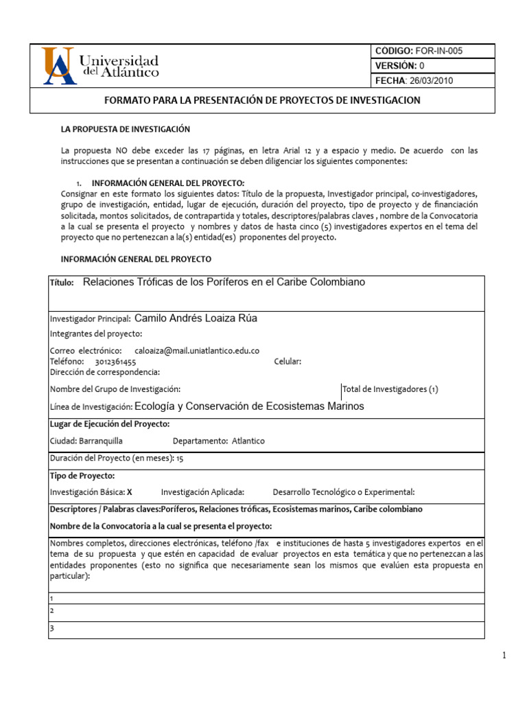 Formato para La Presentacion de Proyectos de Investigacion - 2017 | PDF | Esponja | Biodiversidad