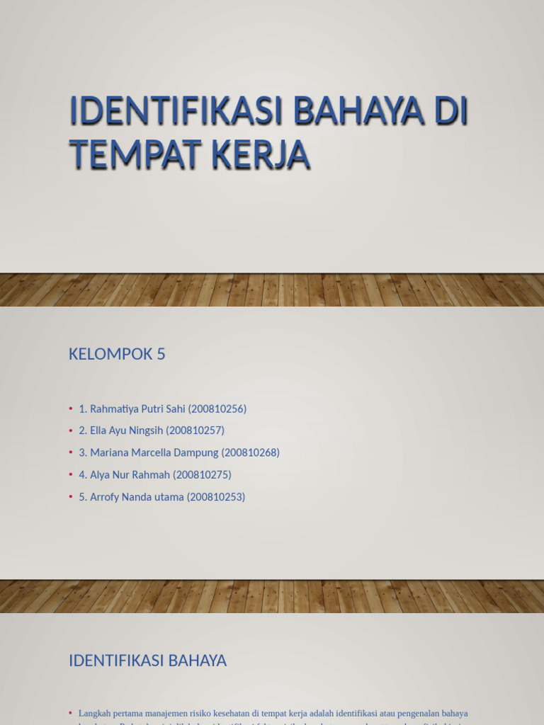Kelompok 5 - 13F1 - PPT Identifikasi Bahaya Di Tempat Kerja | PDF