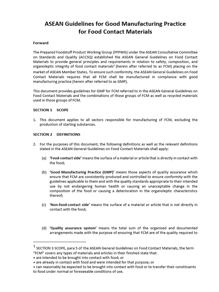 ASEAN GMP Guideline For Food Contact Materials Endorsed 29PFPWG | PDF