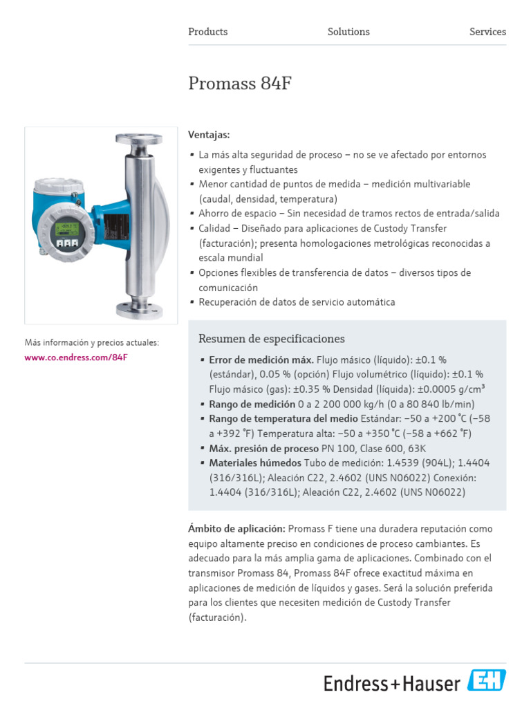 Endress-Hauser Promass 84F ES | PDF