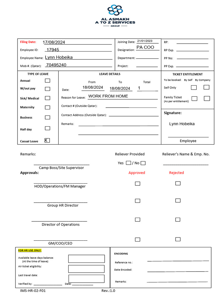 IMS HR 02 F01 Leave Application Form | PDF