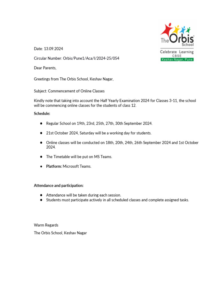 Circular No.054 - Online Classes Sept-Class 12, 2024-25 | PDF