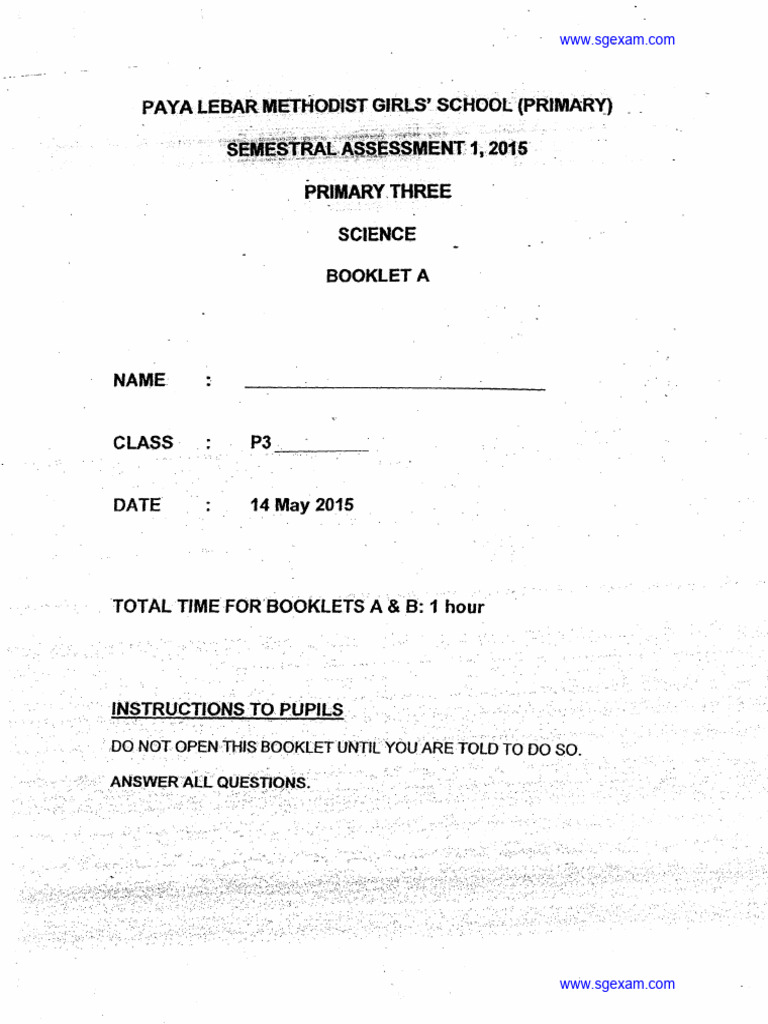 2015-P3-Science-SA1-Paya Lebar Methodist Girls | PDF