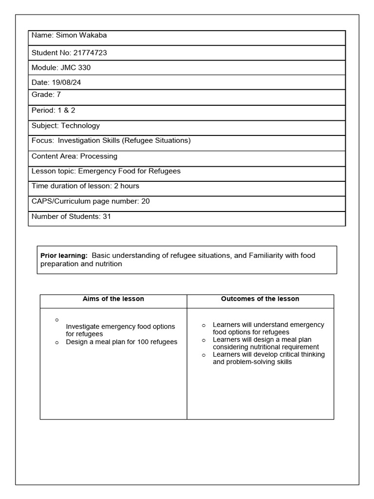 Meal Planning for Refugees in Emergencies | PDF | Meal | Learning