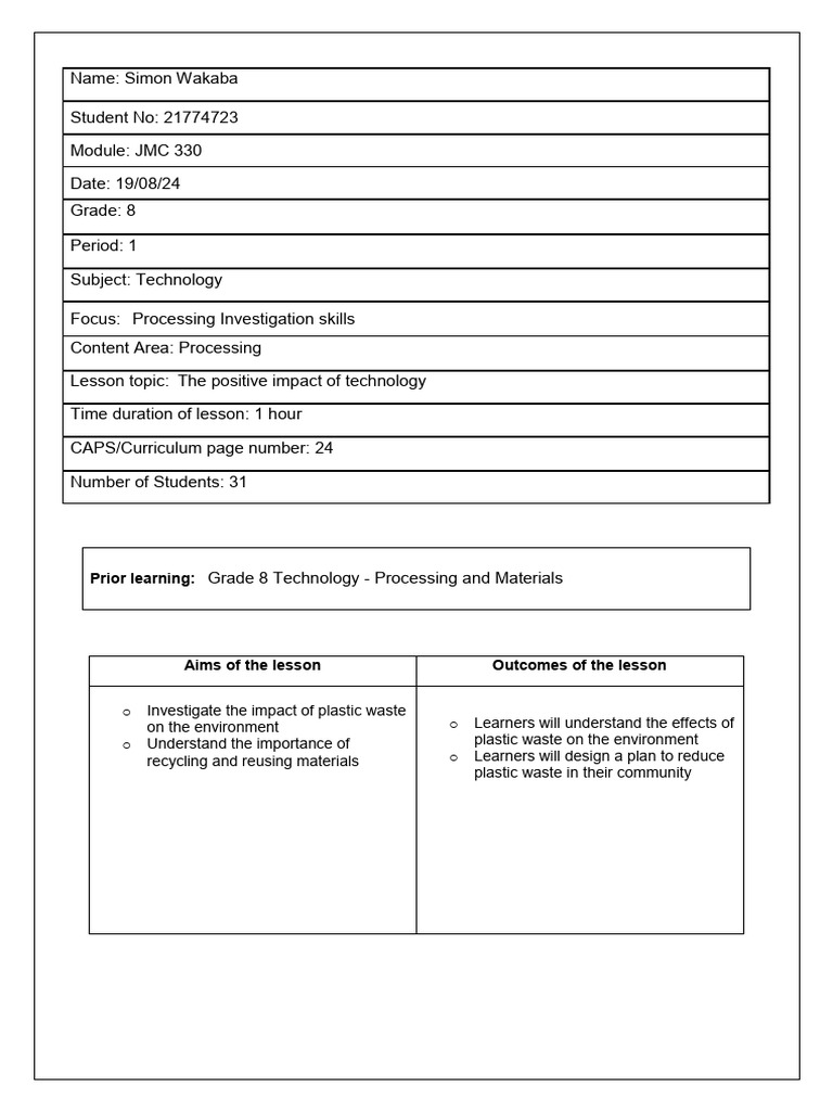 Lesson Plan JMC Grade 8 Technology | PDF | Recycling | Social Science