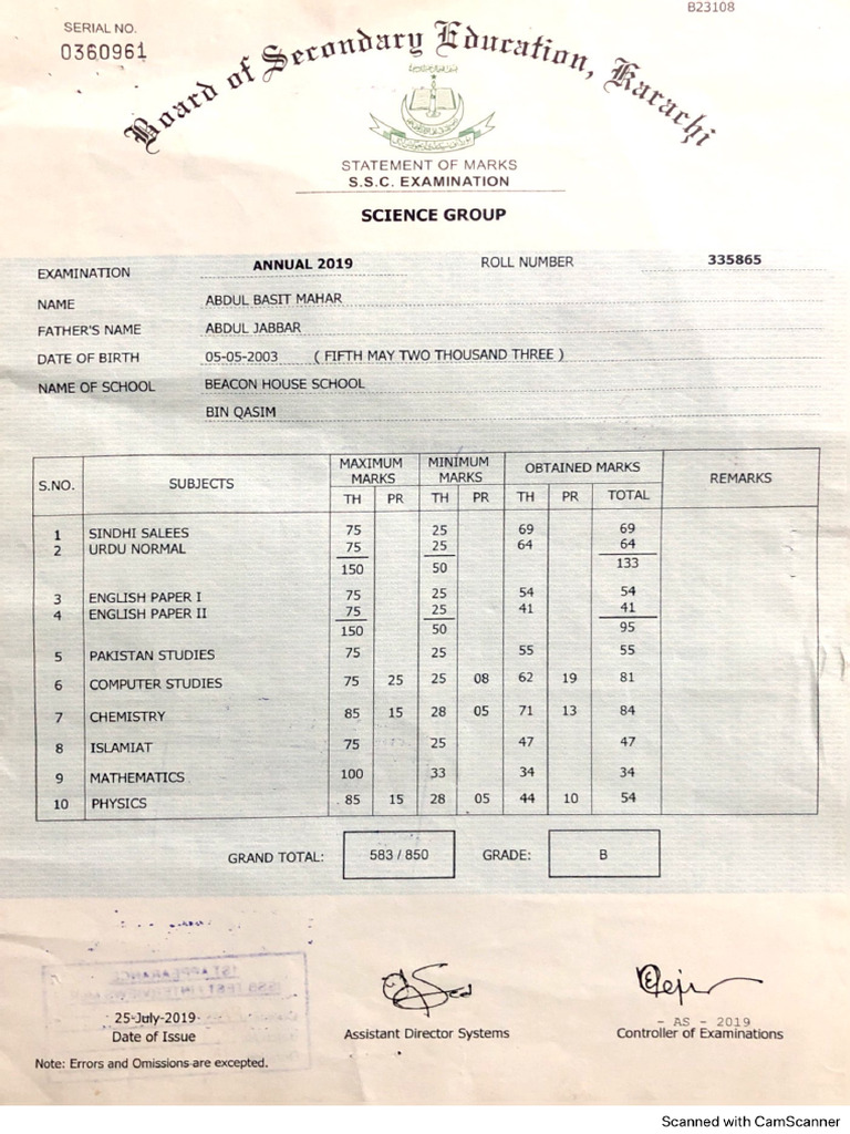 Class 10 Marksheet Attested | PDF