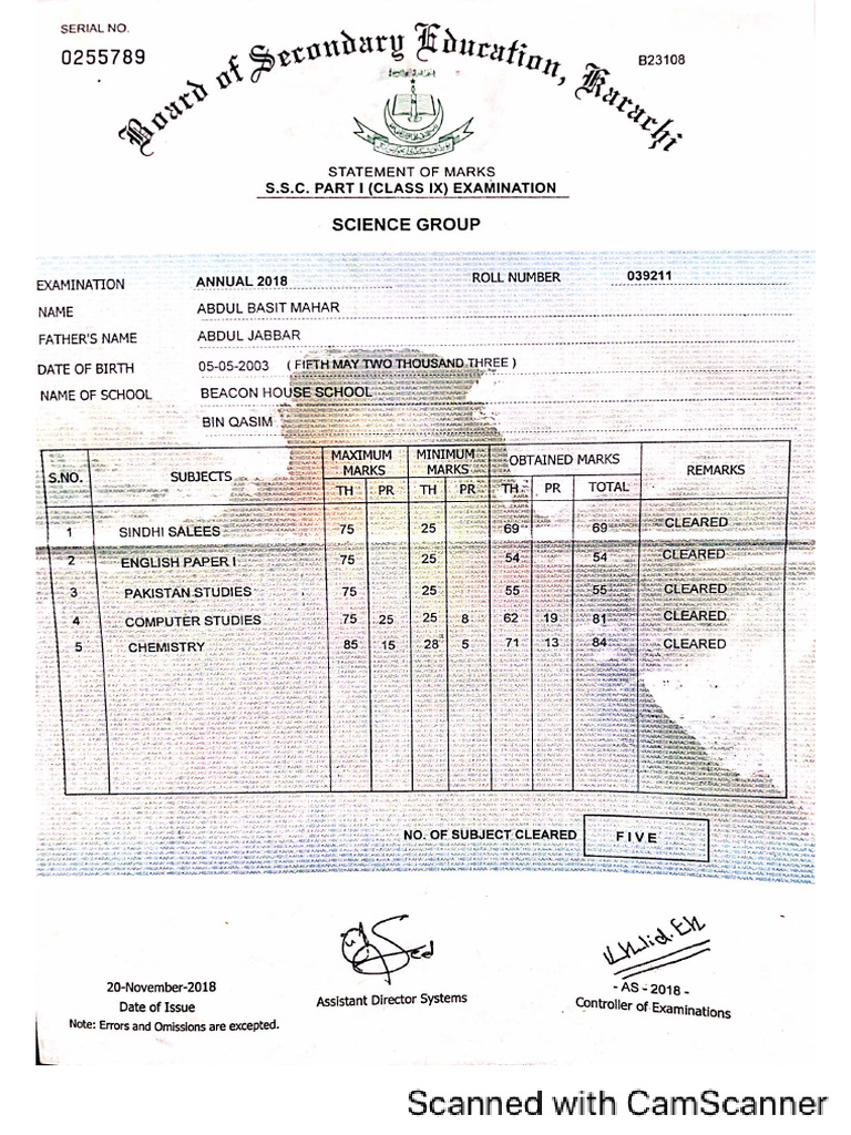 Class 9 Marksheet | PDF