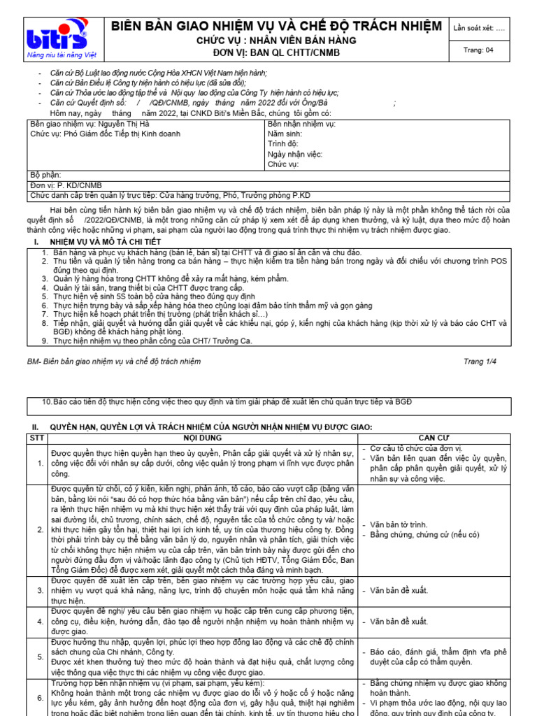 (Điền & Gửi 2 Bản) Bbbg Nhiệm Vụ Nvbh 2022 | PDF