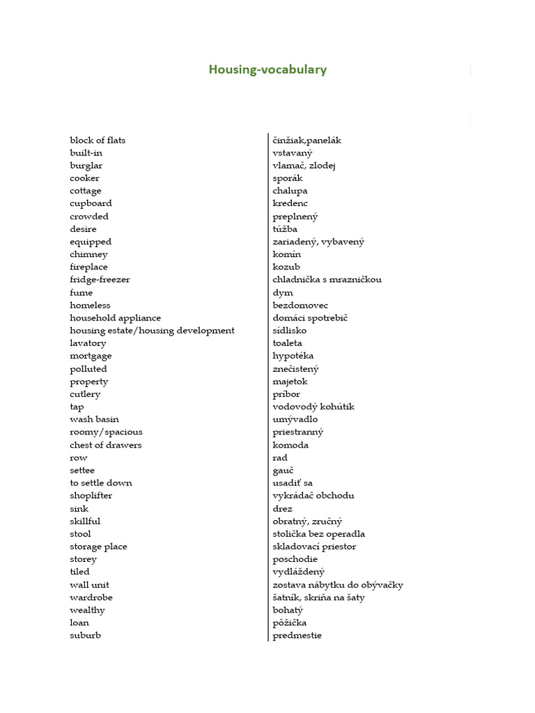 Housing-Vocabulary | PDF