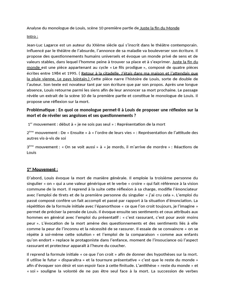 Explication Linéaire Du Monologue de Louis de Juste La Fin Du Monde | PDF