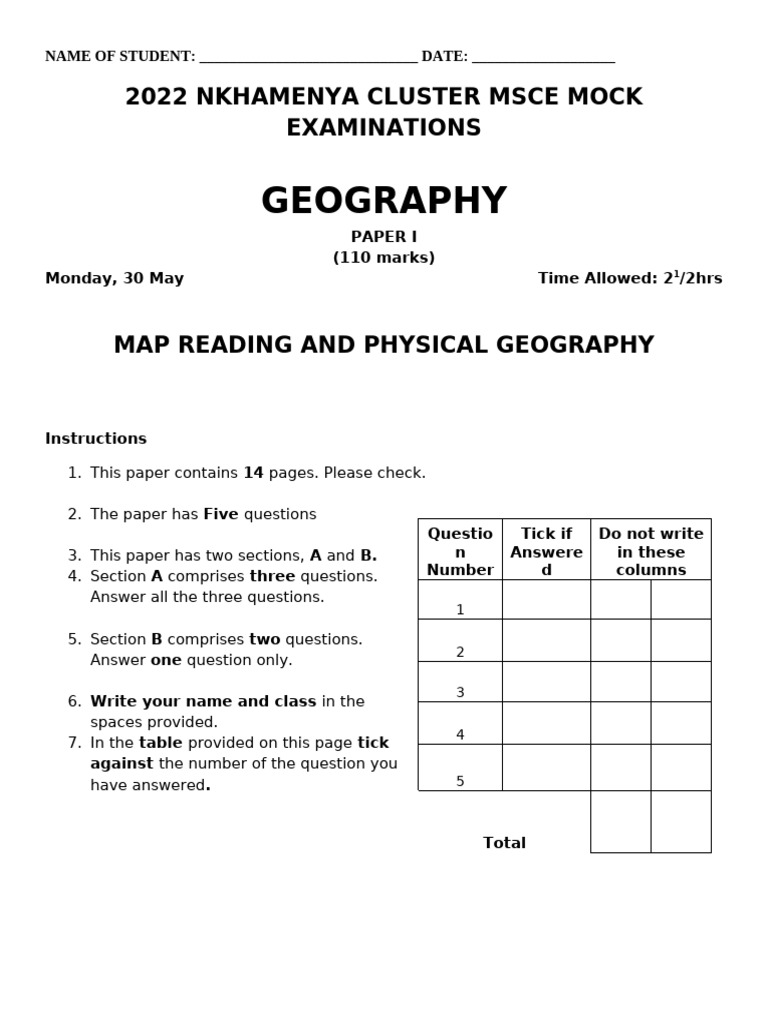 Msce 2022 Geography Paper I | PDF