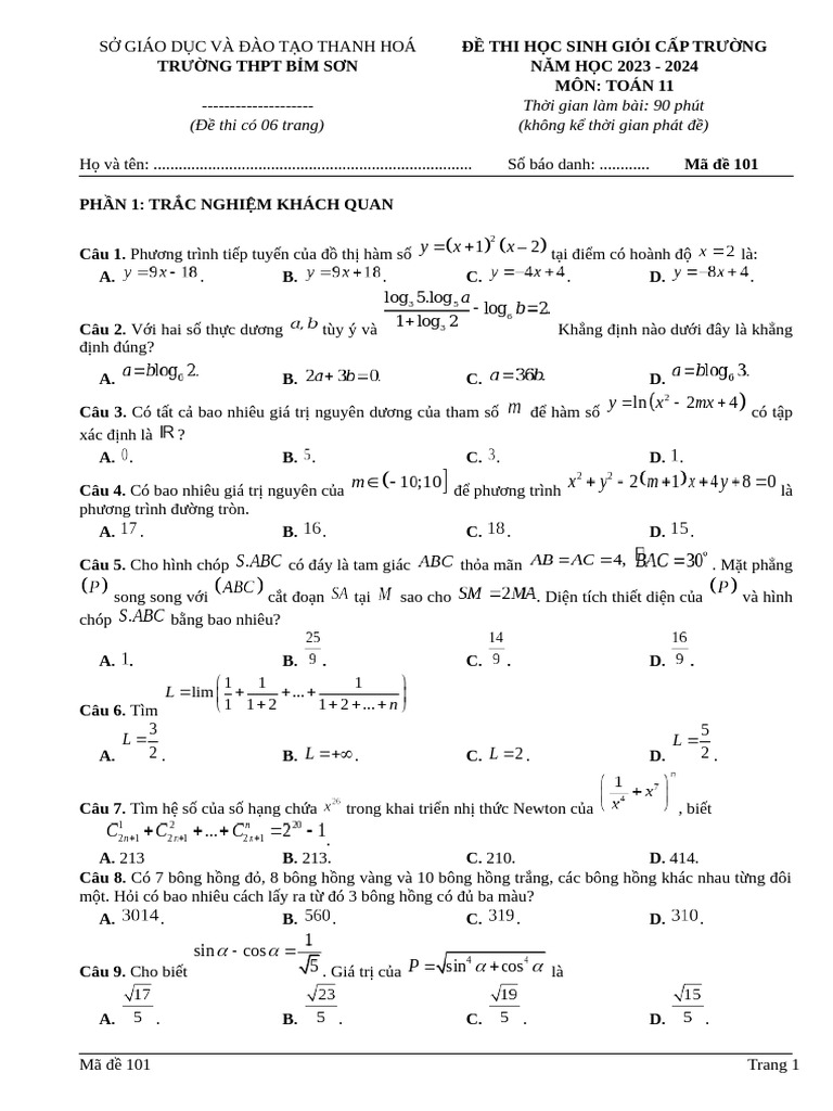 De Hoc Sinh Gioi Toan 11 Nam 2023 2024 Truong THPT Bim Son Thanh Hoa | PDF