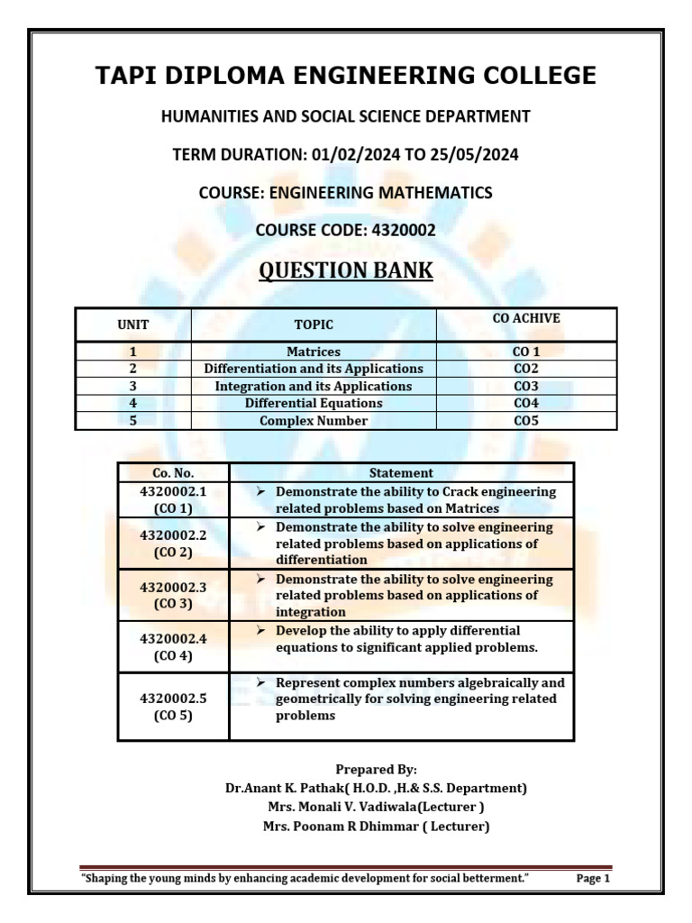 Engg - Maths Unit - 1 To 5 Question Bank | PDF