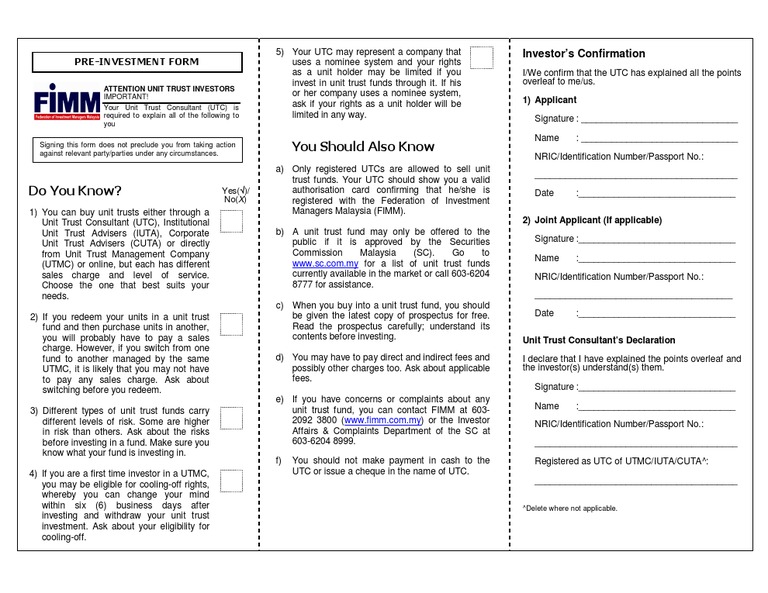 FIMM Pre-Investment Form | PDF | Investing | Service Industries