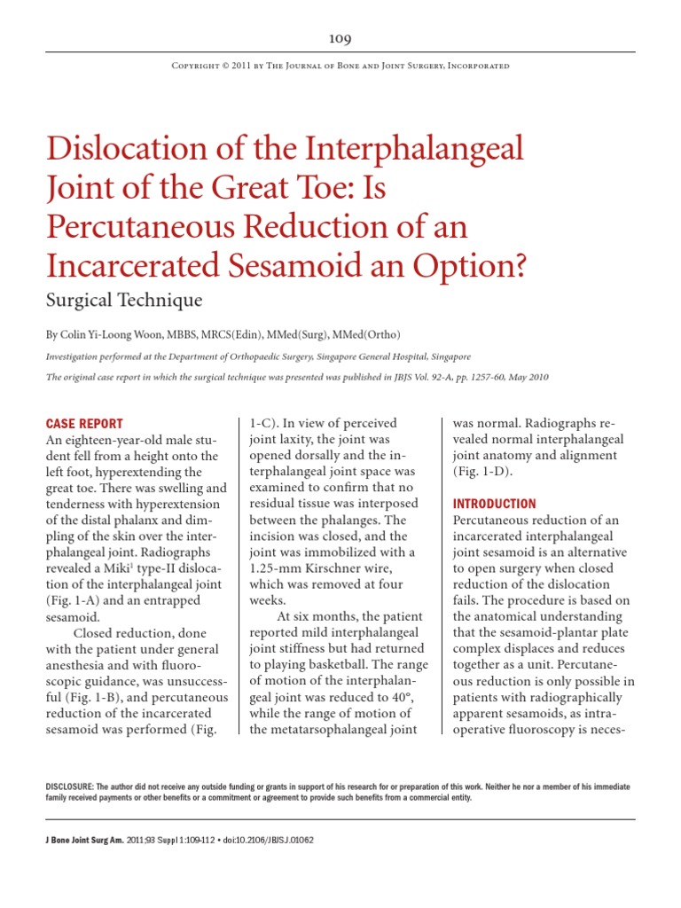 Dislocation of The Interphalangeal Joint of The Great Toe: Is ...