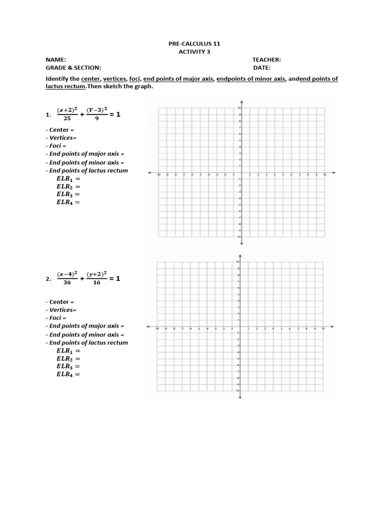 Pre Calculus Ellipse Activity 3 | PDF