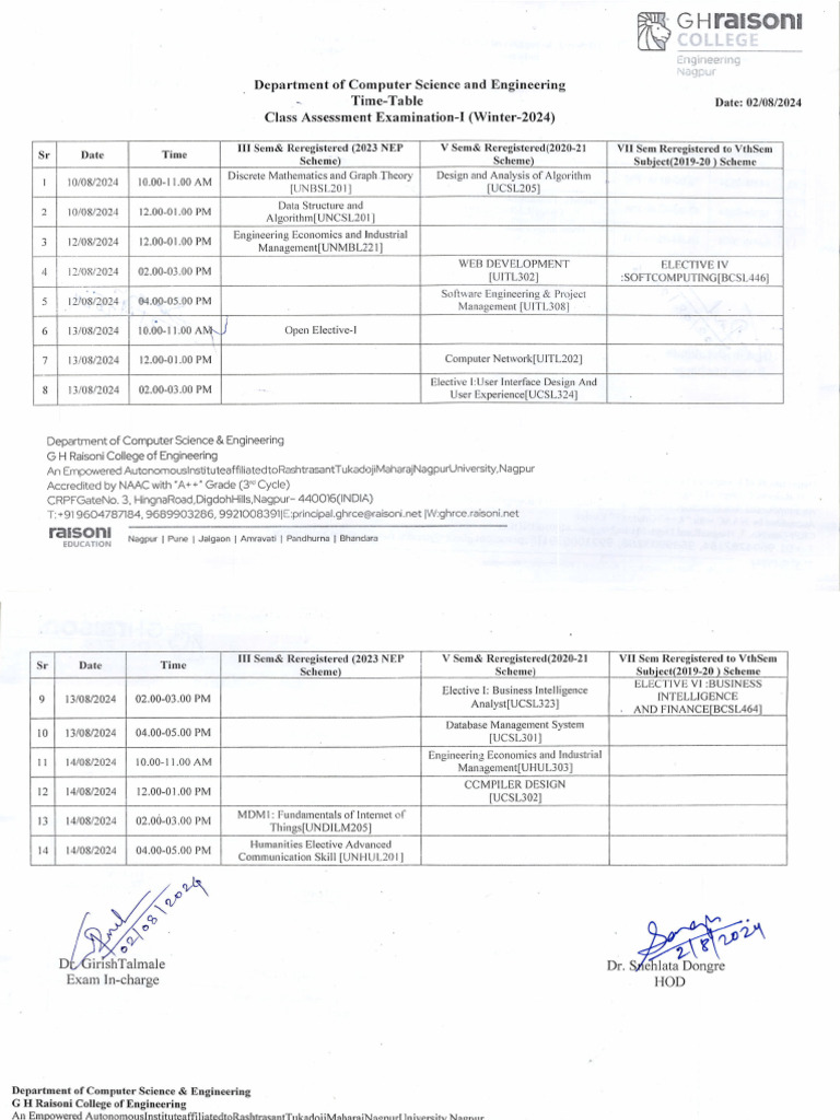 CAE-I Time Table For III and V Sem and Higher Sem Students Registerd ...