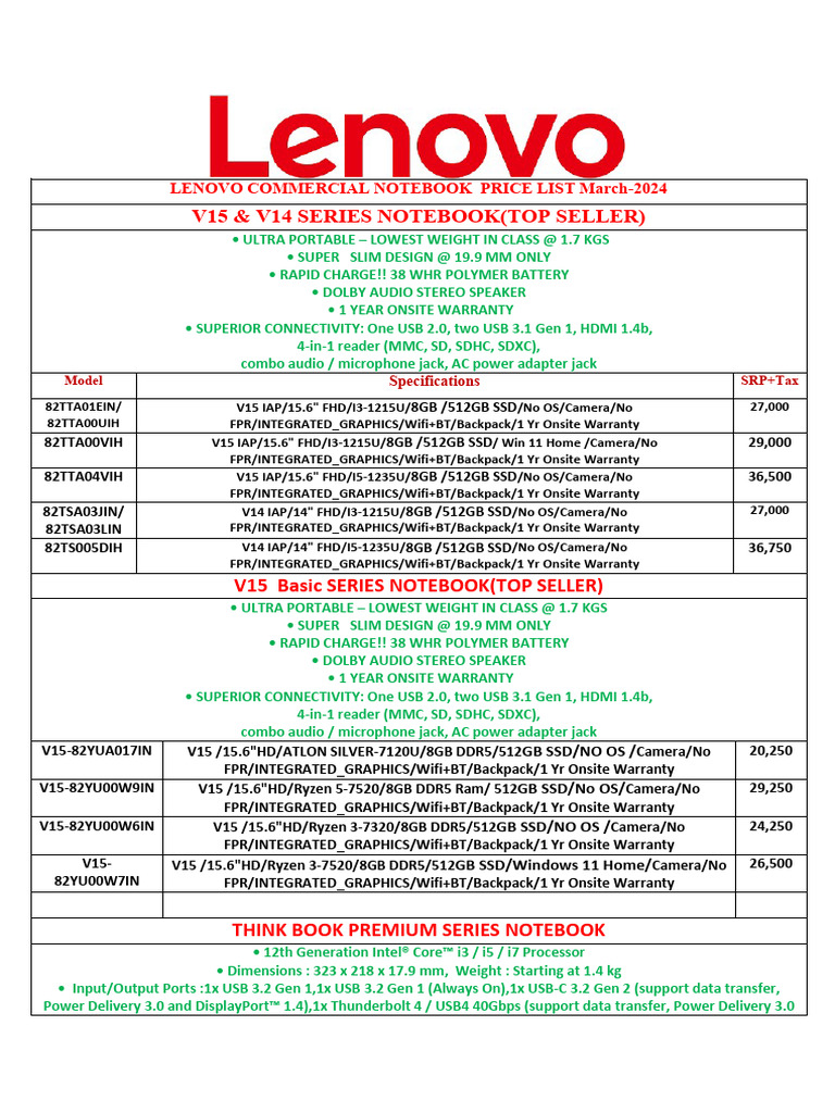 LENOVO Laptop Price List - March 24 | PDF | Laptop | Usb