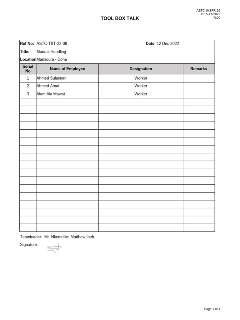 Astc-Imsfr-19 Tool Box Talk | PDF