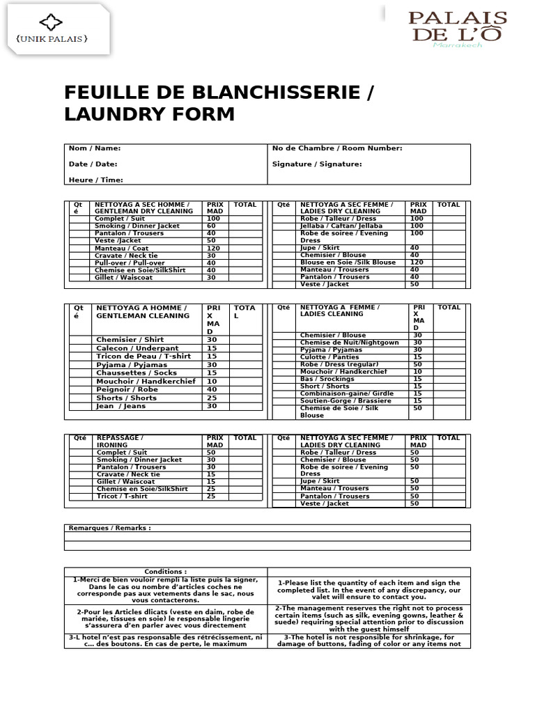 Laundry Form | PDF | Softlines (Retail) | Human Appearance