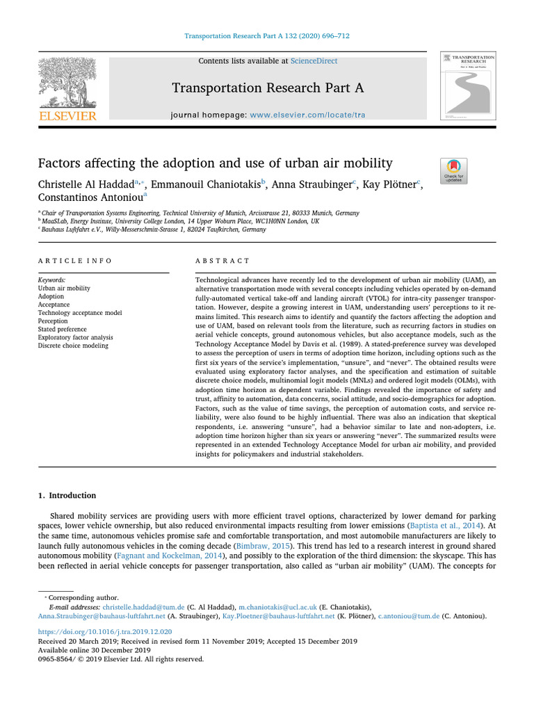 Factors Affecting The Adoption and Use of Urban Air Mobility | PDF
