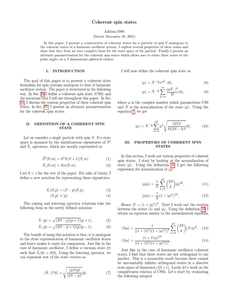 Coherent Spin States: - I - I - I - I | PDF
