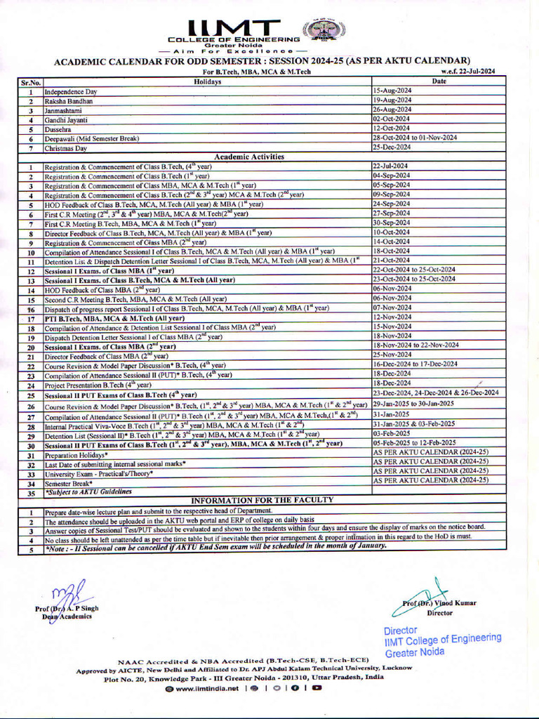 Academic Calendar - Odd Sem - 2024-25 - B.tech., MBA, MCA & M. Tech. | PDF