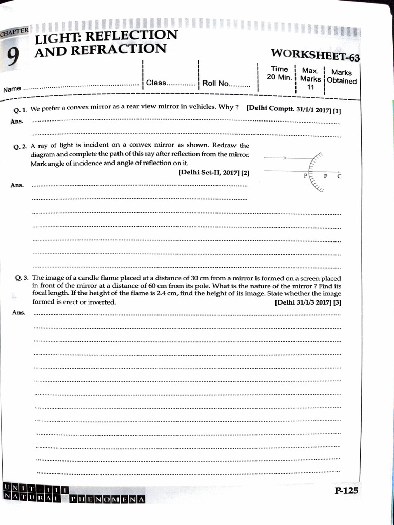 Light Reflection and Refraction Worksheet 63 | PDF