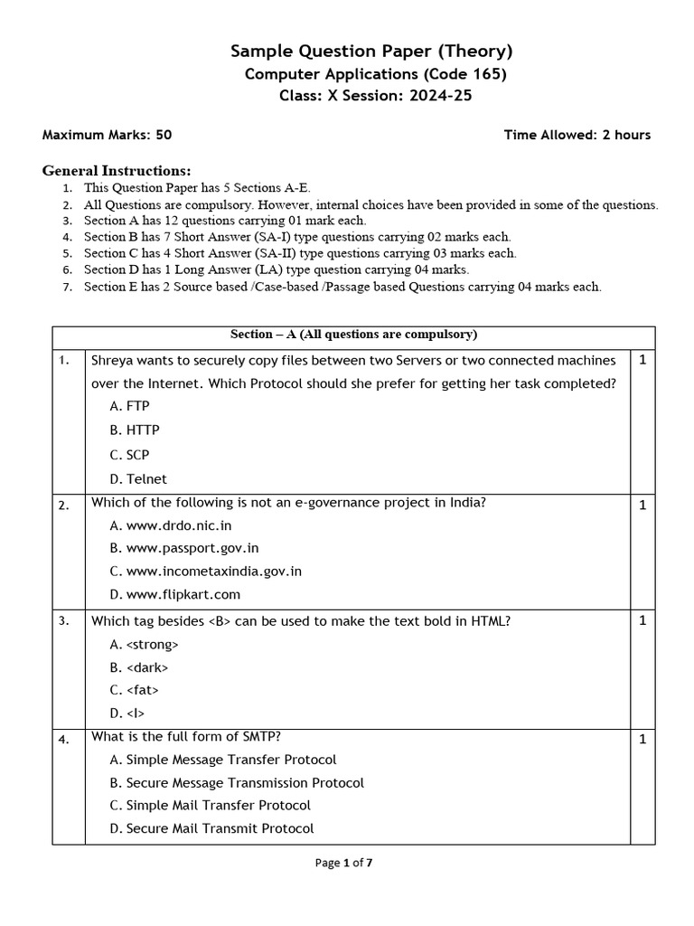 Class 10 Computer Application Sample Question Paper With Marking Scheme ...