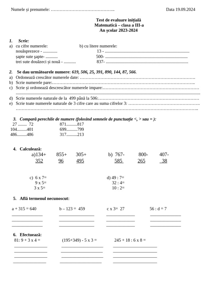 Test Evaluare Matematică Clasa III-a | PDF