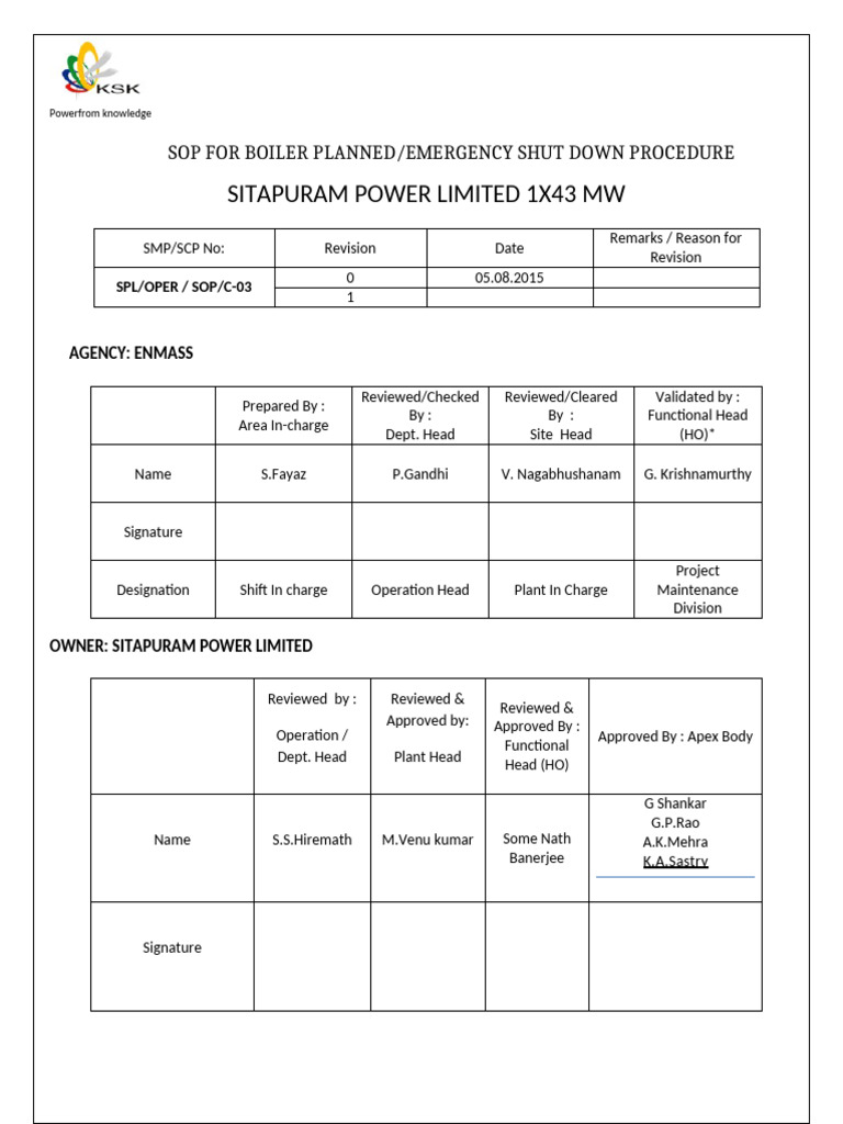 SOP For Planned or Emergency Shut Down Procedure | PDF