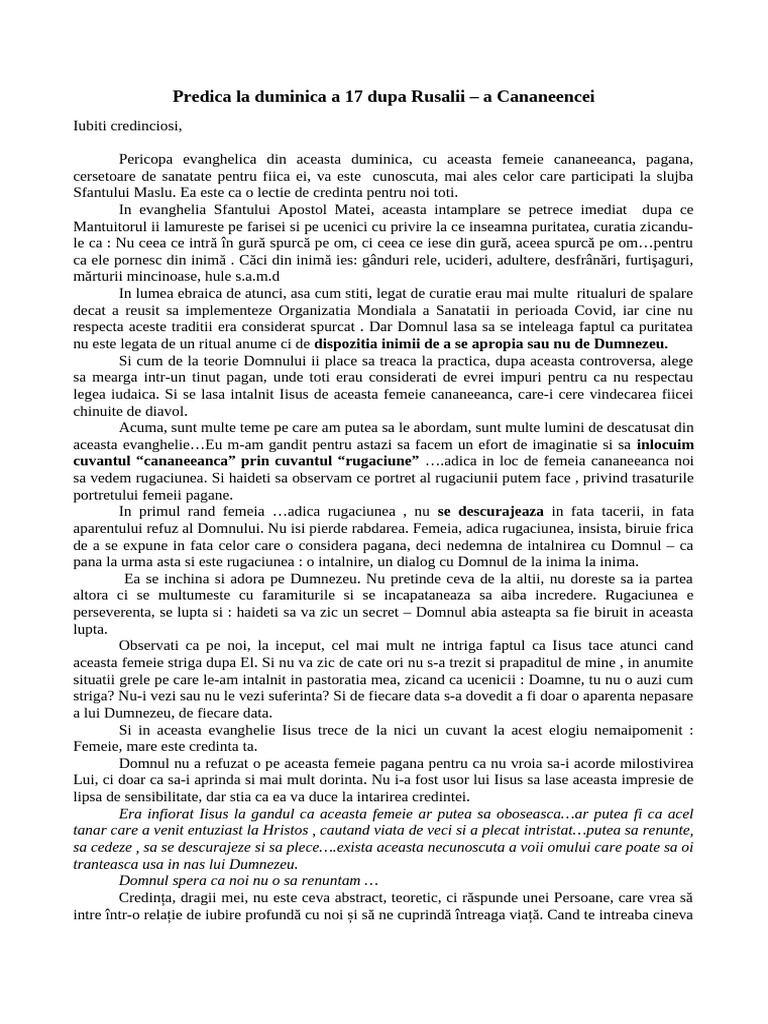 Predica La Duminica A 17 Dupa Rusalii | PDF