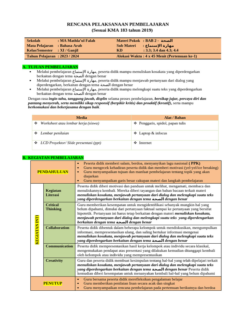 RPP Bahasa Arab 2 | PDF