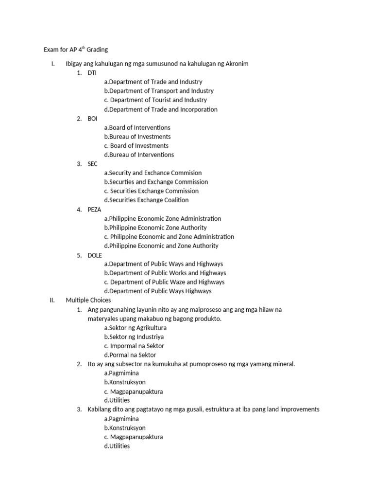 Exam For Ap 4th Grading | PDF