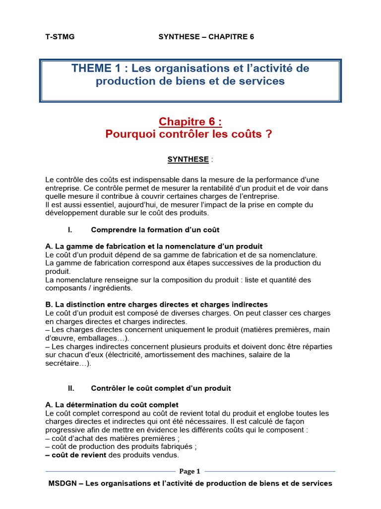 Synthese - Chapitre 6 - Pourquoi Controler Les Couts | PDF
