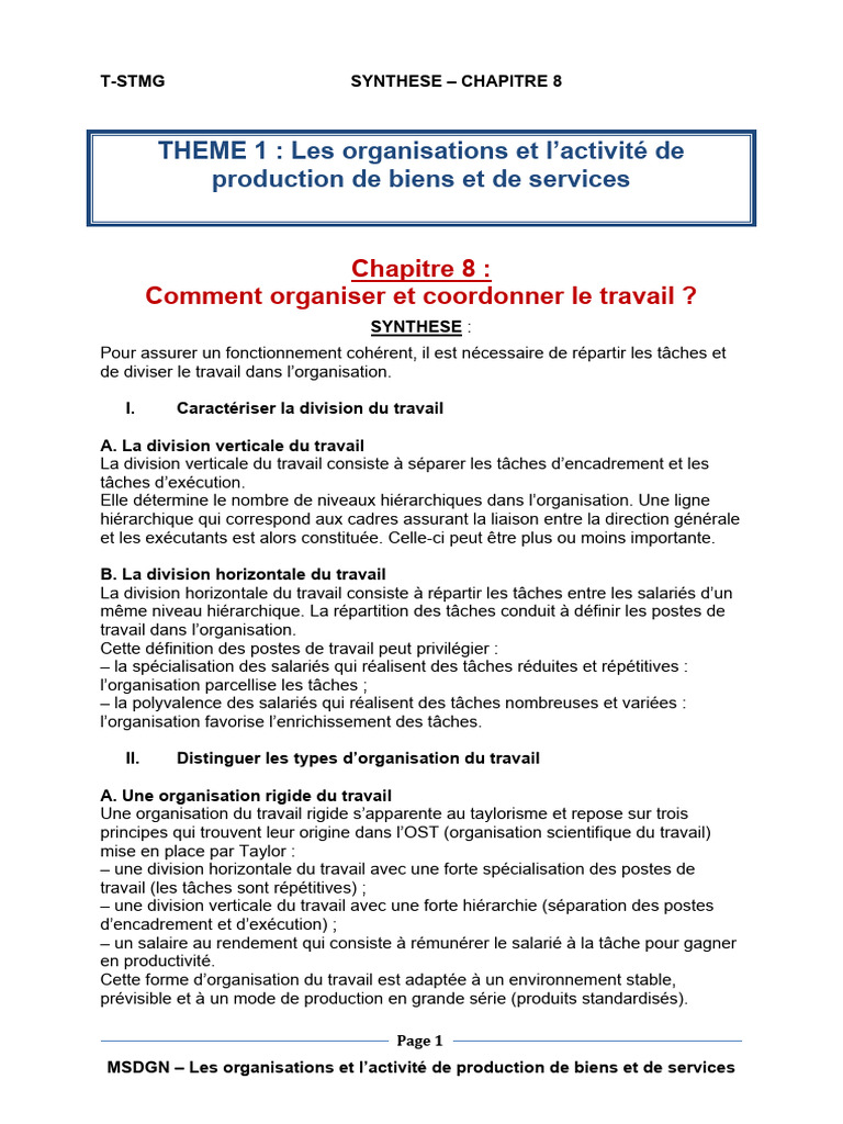 Synthese - Chapitre 8 - Comment Organiser Et Coordonner Le Travail | PDF