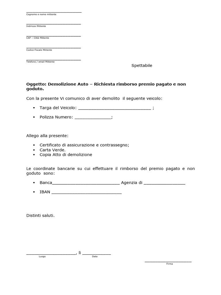 Modulo Rimborso Demolizione Auto | PDF