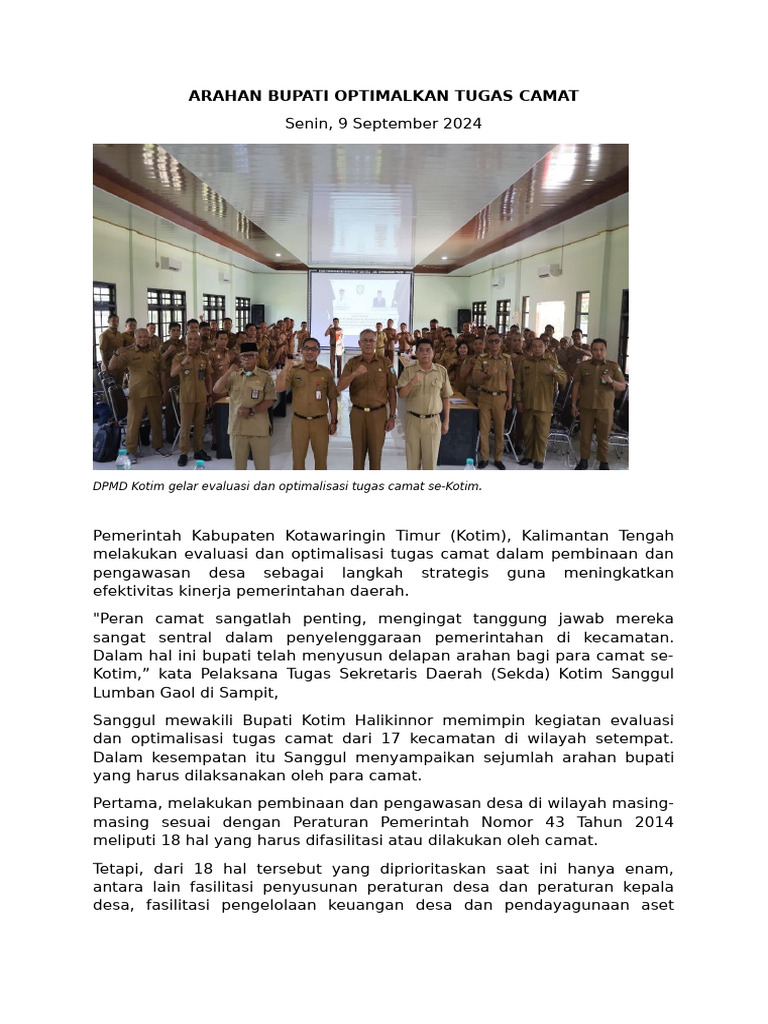 Arahan Bupati Optimalkan Tugas Camat | PDF