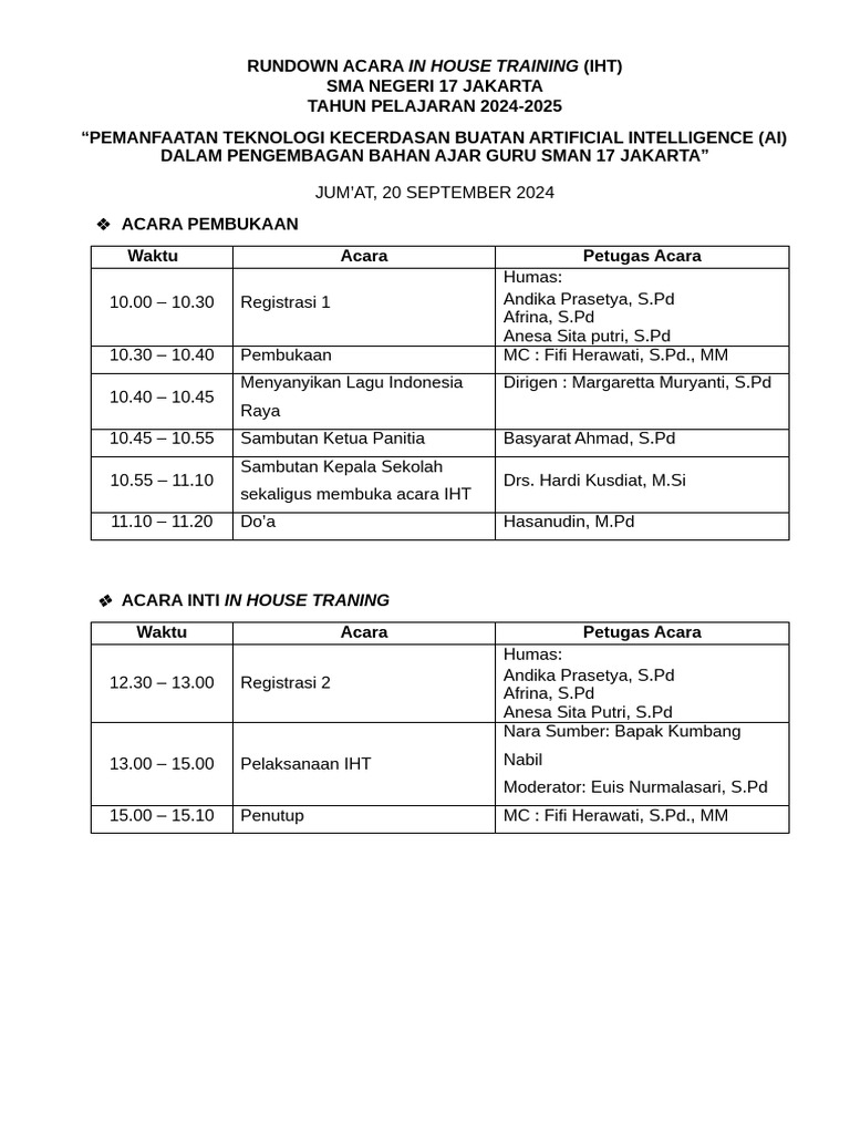 Rundown Acara in House Training | PDF
