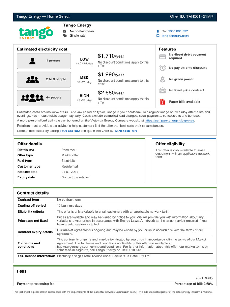 Tango Energy Home Select Offer Details | PDF | Debit Card | Credit Card