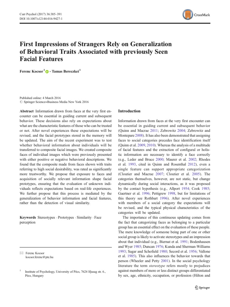 First Impressions of Strangers Rely On Generalization of Behavioral Traits Associated With ...