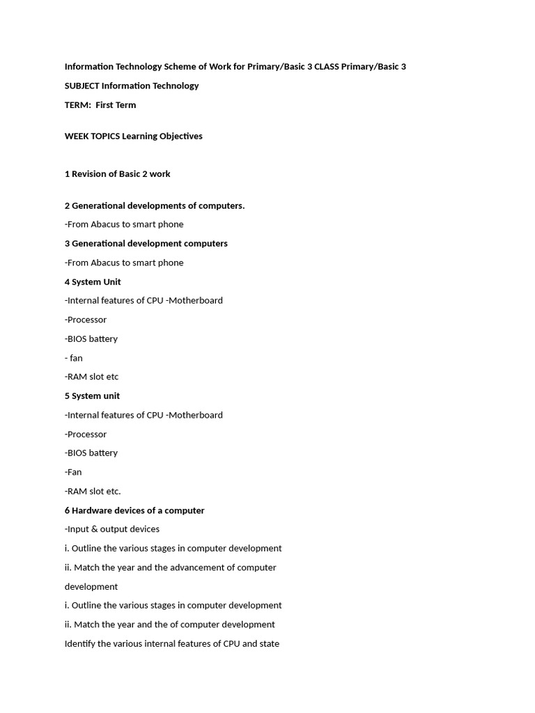 Information Technology Scheme of Work For Primary 3 | PDF