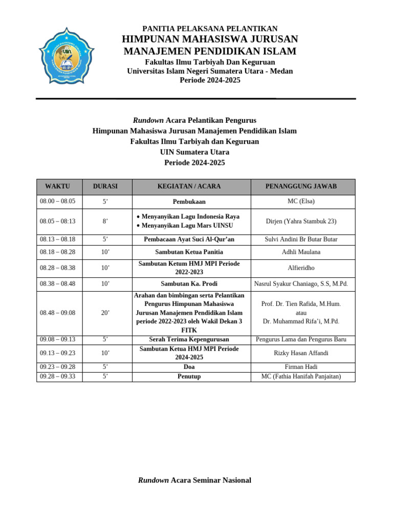 Rundown Acara Pelantikan Dan Seminar MPI 2024 | PDF