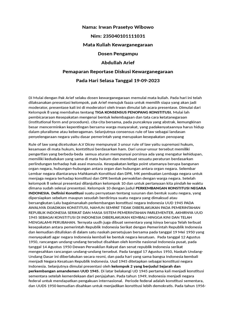 Reportase Text Kewarganegaraan Irwan Prasetyo Wibowo | PDF