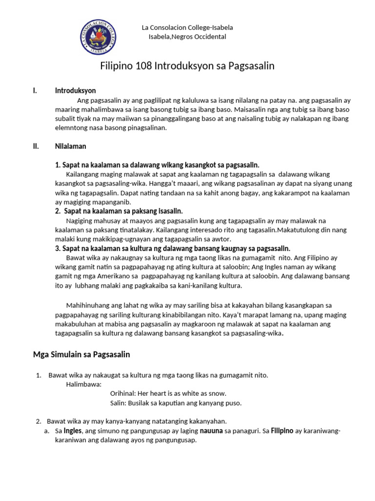 Filipino 108 Pagsasalin 2 | PDF