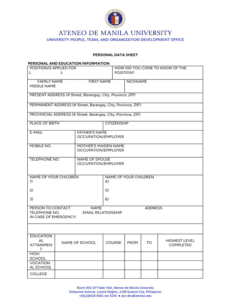ADMU Personal Data Sheet | PDF