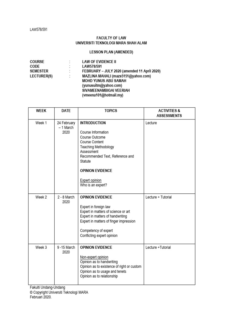 LAW578 591 Lesson Plan (Amended) Evi 2 | PDF