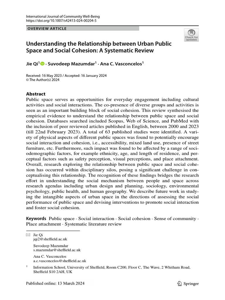Understanding The Relationship Between Urban Public Space and Social Cohesion: A Systematic ...