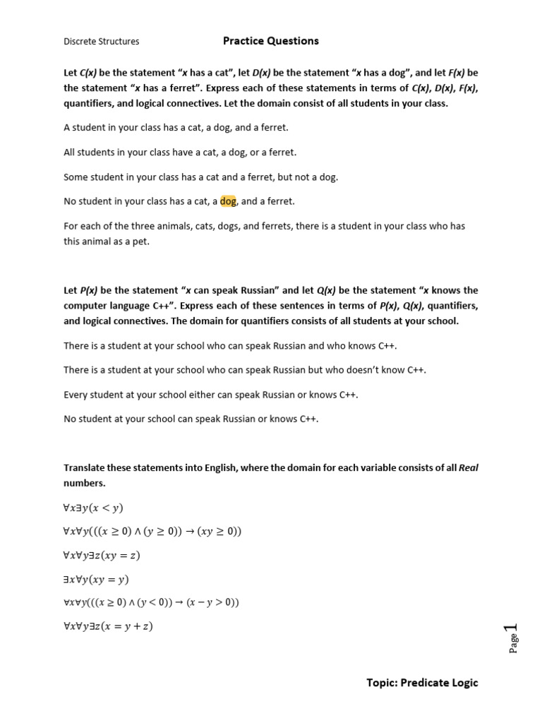 Practice Questions - Predicate Logic | PDF